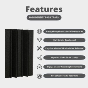 TRUE NORTH Bass Traps w/Adhesive 8 Pack - Recording Studio Acoustical Treatments - Studio Foam Bass Trap Panel Acoustic Treatment - Sound Foam Corner To Trap Bass, Bass Traps Acoustic Foam Corner