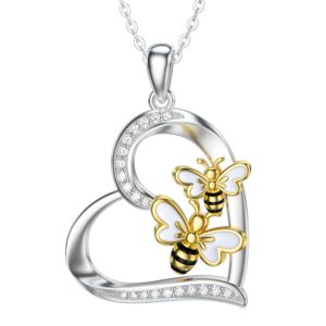 rmrewy honey bee heart cubic zirconia necklace 925 sterling silver dainty cute bumblebee pendant jewelry for birthday graduation mother's day gift for women mom (bee necklace)