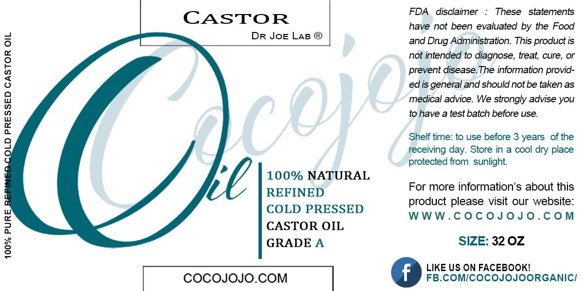 Dr Joe Lab Castor Oil - 100% Pure, Refined, Non-GMO Cold Pressed - 32 oz - for Hair Skin Nails Body Skin Eyelashes Brows Beard Mustache Salon Quality Premium Grade - Packaging May Vary