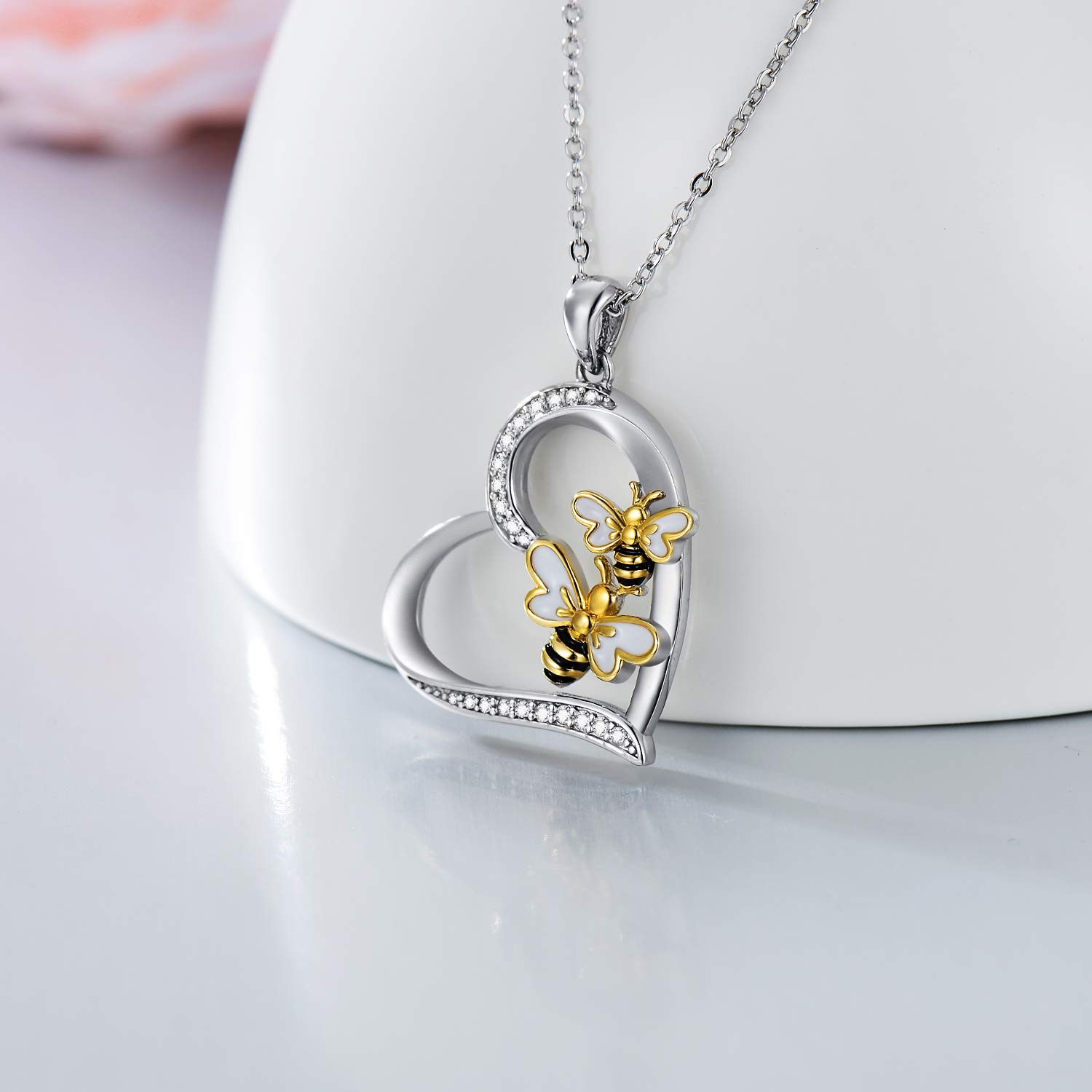 RMREWY Honey Bee Heart Cubic Zirconia Necklace 925 Sterling Silver Dainty Cute Bumblebee Pendant Jewelry For Birthday Graduation Mother's Day Gift For Women Mom (Bee Necklace)