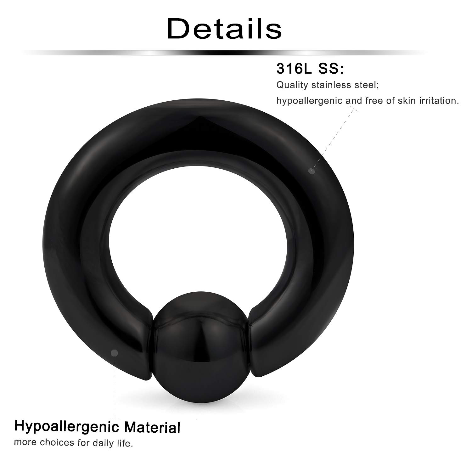 Ftovosyo PA Rings Captive Bead Rings Black Spring Action CBR Screwball Rings Large Septum Ring Ear Gauges Earrings 8G 3mm 316L Surgical Steel Pierced Body Jewelry 1Pair 12mm 1/2"