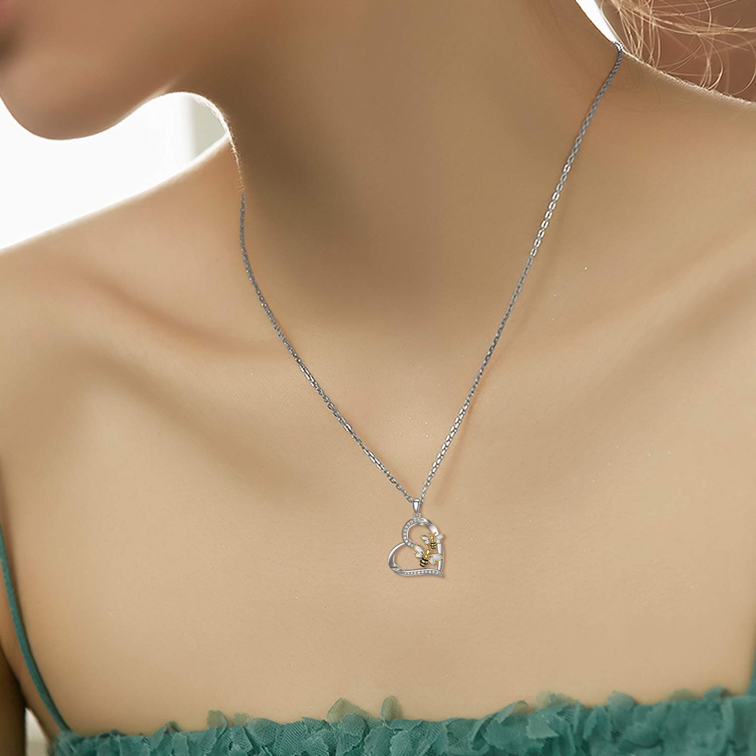 RMREWY Honey Bee Heart Cubic Zirconia Necklace 925 Sterling Silver Dainty Cute Bumblebee Pendant Jewelry For Birthday Graduation Mother's Day Gift For Women Mom (Bee Necklace)