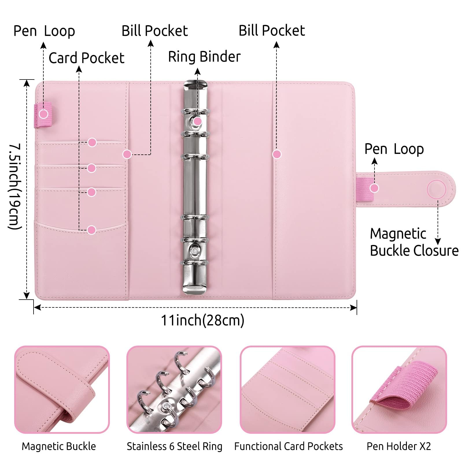 SKYDUE Budget Binder with 8pcs Zipper Envelopes,Money Organizer with 12pcs Expense Sheets & 24 Rose Gold Sticky Labels,Budget Organizer for Cash