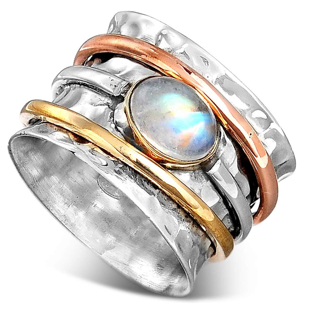 Boho-Magic 925 Sterling Silver Spinner Moonstone Ring for Women with Copper and Brass Fidget Rings Bands (7)