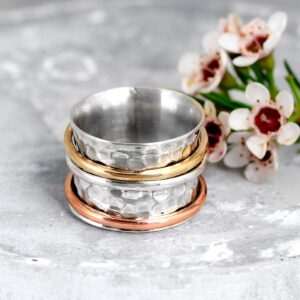 Boho-Magic 925 Sterling Silver Spinner Moonstone Ring for Women with Copper and Brass Fidget Rings Bands (7)