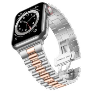 baozai compatible with apple watch 41mm 40mm 38mm, solid stainless steel iwatch band replacement for apple watch series 9/8/7/6/5/4/3/2/1/se for women, 3rows-silver/rose gold, 41mm/40mm/38mm