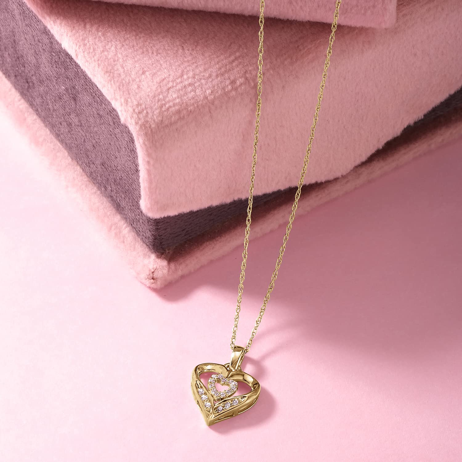 Cali Trove, 1/10cttw Diamond Double Heart Pendant Necklace for Women in 10K Yellow Gold, Women's Yellow Gold Double Heart Necklace with Diamond Accents, 18" Rope Chain