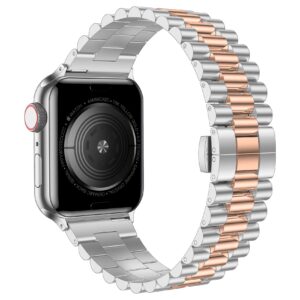 baozai Compatible with Apple Watch 41mm 40mm 38mm, Solid Stainless Steel iWatch Band Replacement for Apple Watch Series 9/8/7/6/5/4/3/2/1/SE for Women, 3Rows-Silver/Rose Gold, 41mm/40mm/38mm