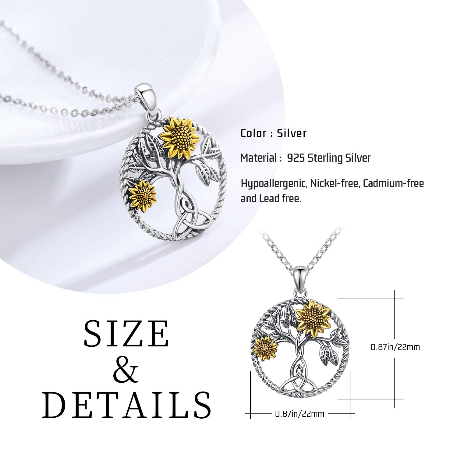 CHENGHONG Sunflower Necklace 925 Sterling Silver Sunshine Necklace Tree of Life Sunflower Pendant Sunflower Jewelry Gifts for Women