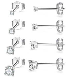 silver stud earrings for women men 4 pairs of hypoallergenic small white gold plated cubic zirconia cartilage earrings jewelry sets (2mm/3mm/4mm/5mm)