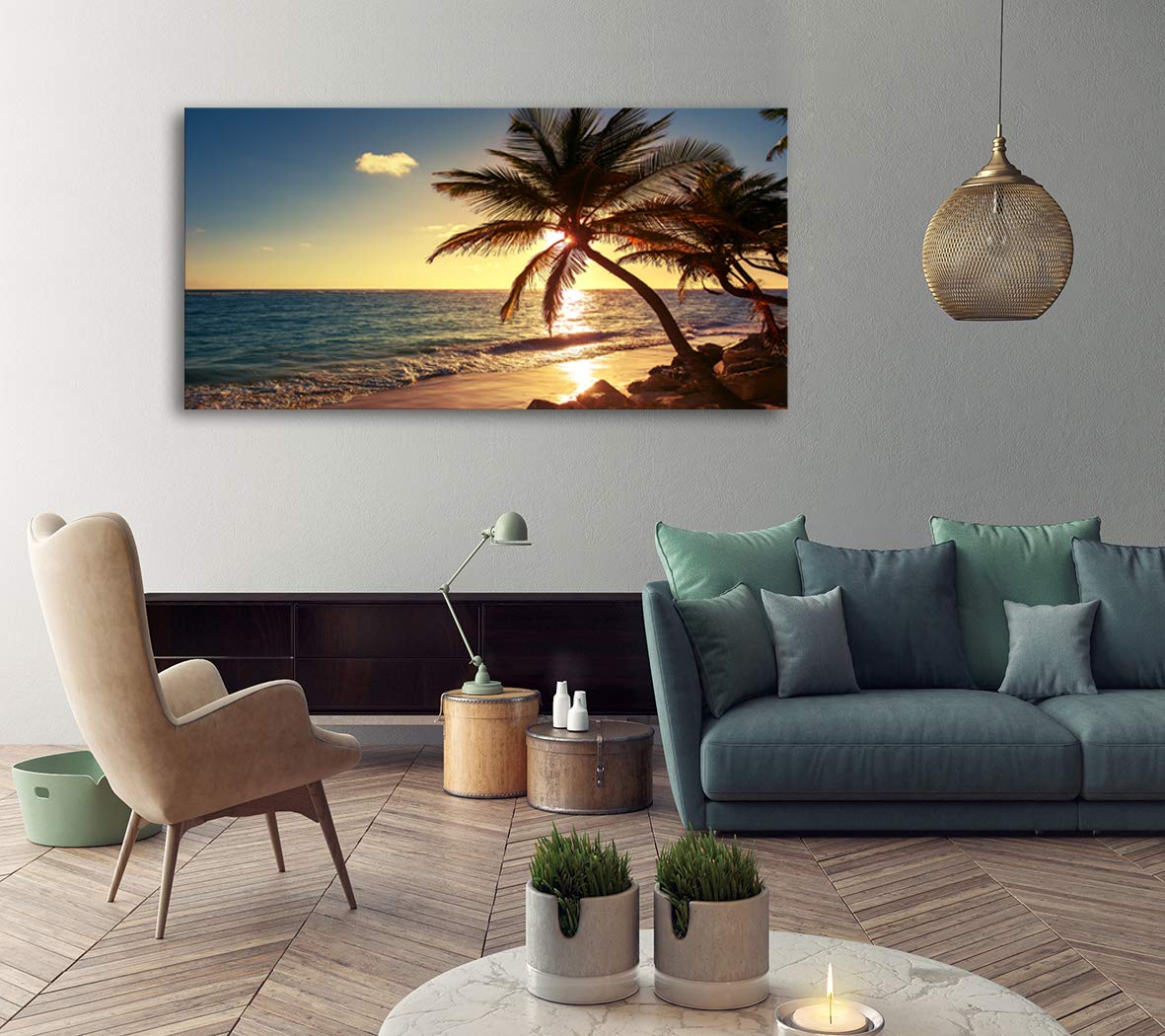 Muolunna S04975 Wall Art Decor Large Canvas Print Picture Sunset Ocean Beach Waves 1 Panel Coconut tree Scenery Painting Artwork for Office Home Decoration Stretched and Framed Ready to Hang XLarge