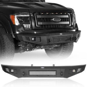 hooke road f150 front bumper, full width steel bumper w/led lights for ford f-150 2009 2010 2011 2012 2013 2014 pickup truck (excluding raptor)