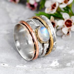 Boho-Magic 925 Sterling Silver Spinner Moonstone Ring for Women with Copper and Brass Fidget Rings Bands (7)