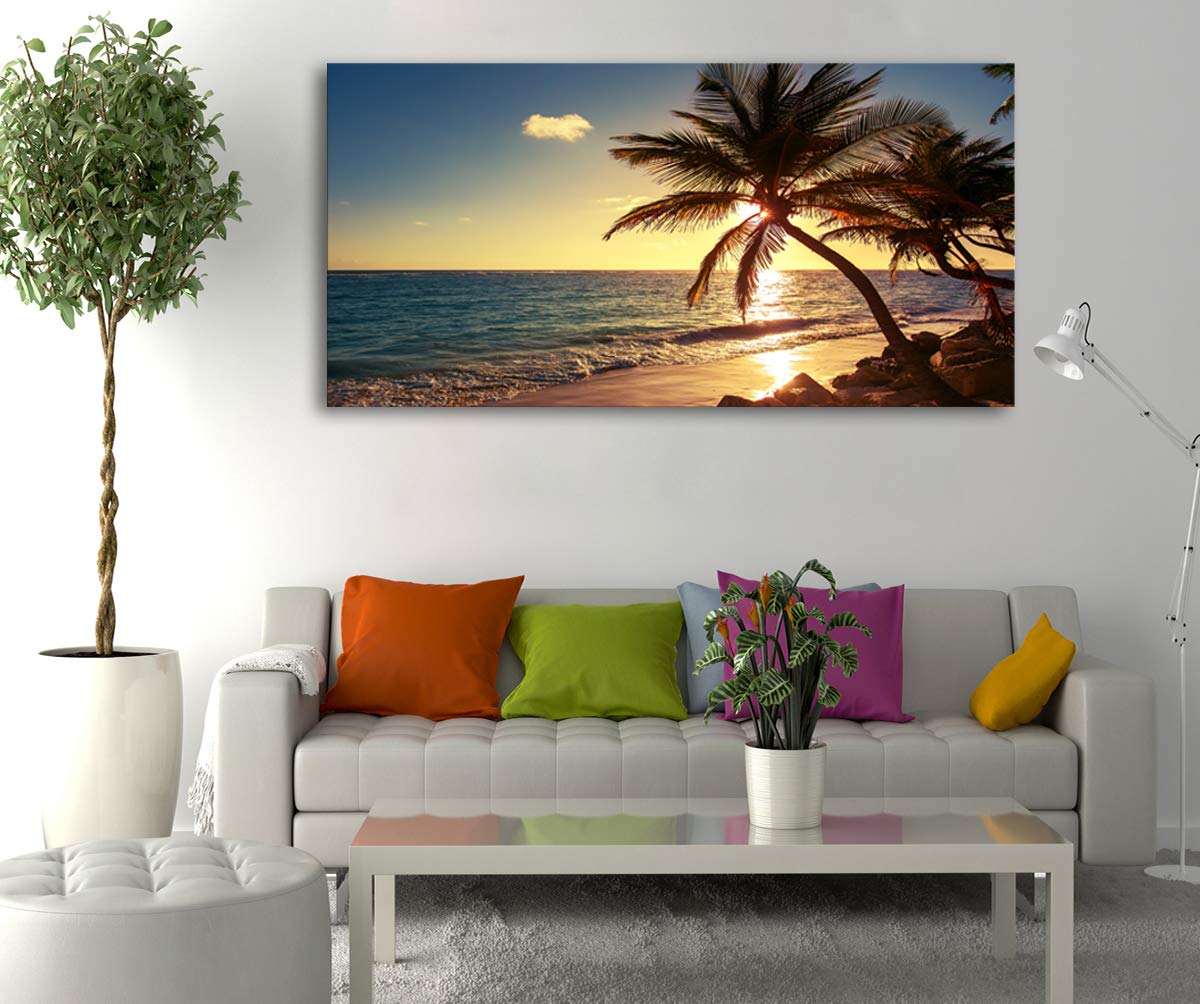 Muolunna S04975 Wall Art Decor Large Canvas Print Picture Sunset Ocean Beach Waves 1 Panel Coconut tree Scenery Painting Artwork for Office Home Decoration Stretched and Framed Ready to Hang XLarge