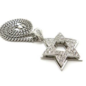 iJewelry2 Stainless Steel Silver Tone Crystals Open Star of David Charm Pendant Cuban Chain Necklace