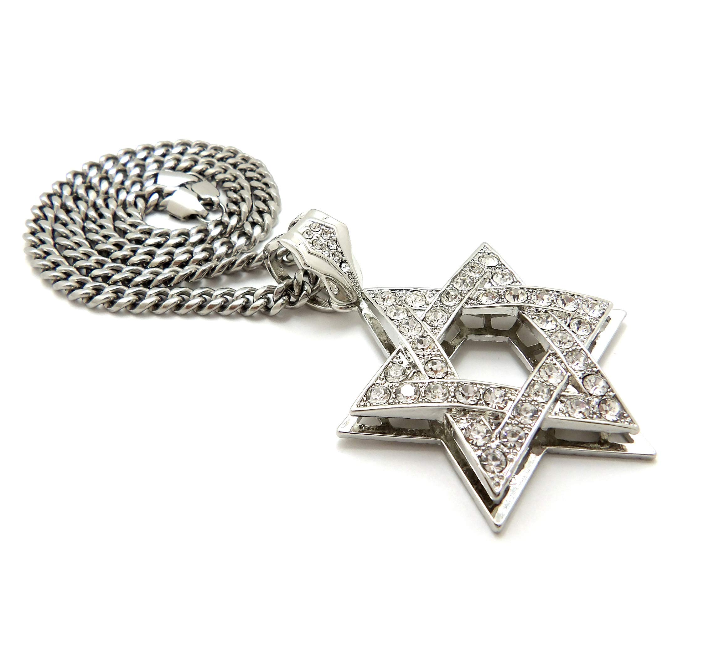 iJewelry2 Stainless Steel Silver Tone Crystals Open Star of David Charm Pendant Cuban Chain Necklace