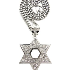 iJewelry2 Stainless Steel Silver Tone Crystals Open Star of David Charm Pendant Cuban Chain Necklace