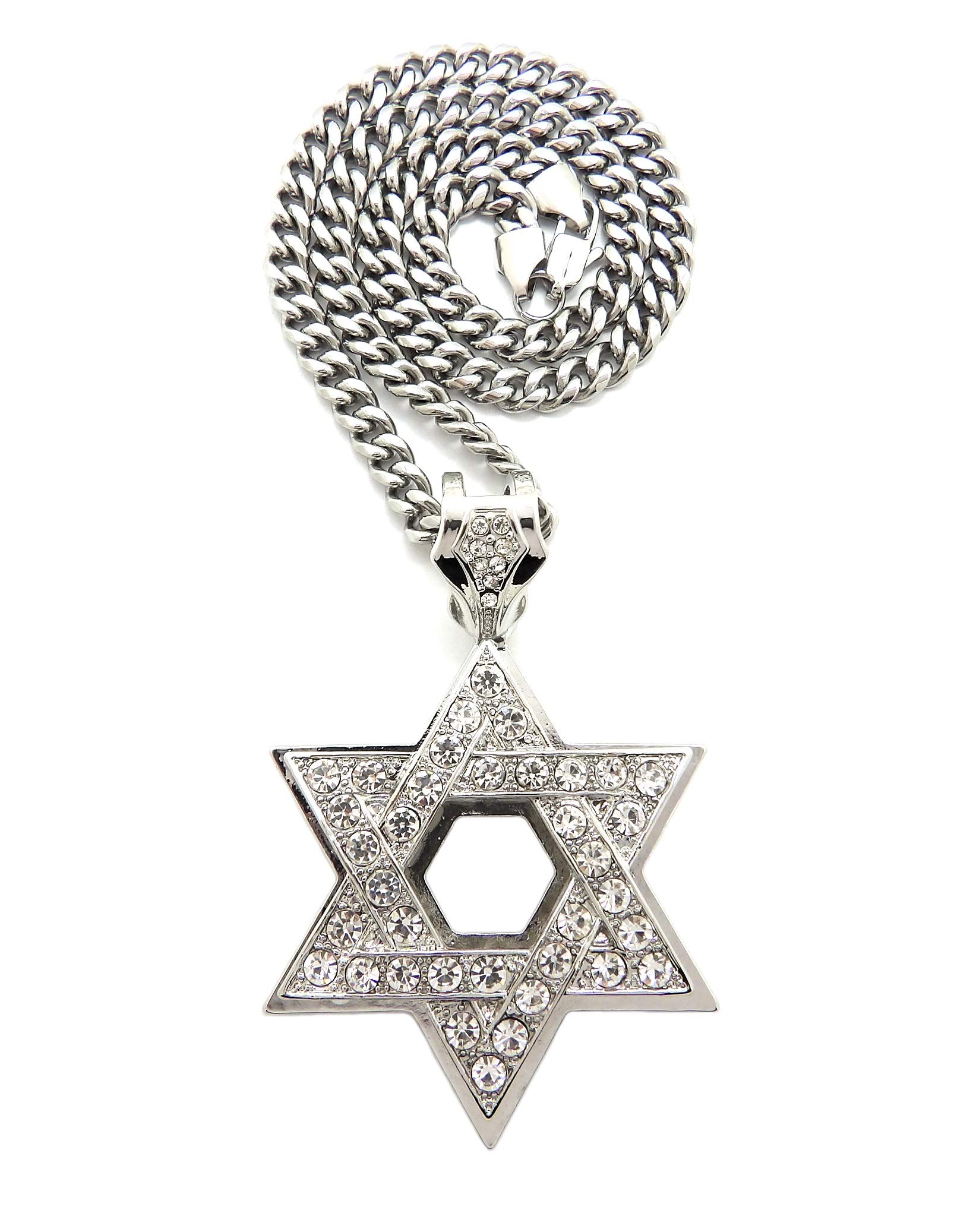 iJewelry2 Stainless Steel Silver Tone Crystals Open Star of David Charm Pendant Cuban Chain Necklace