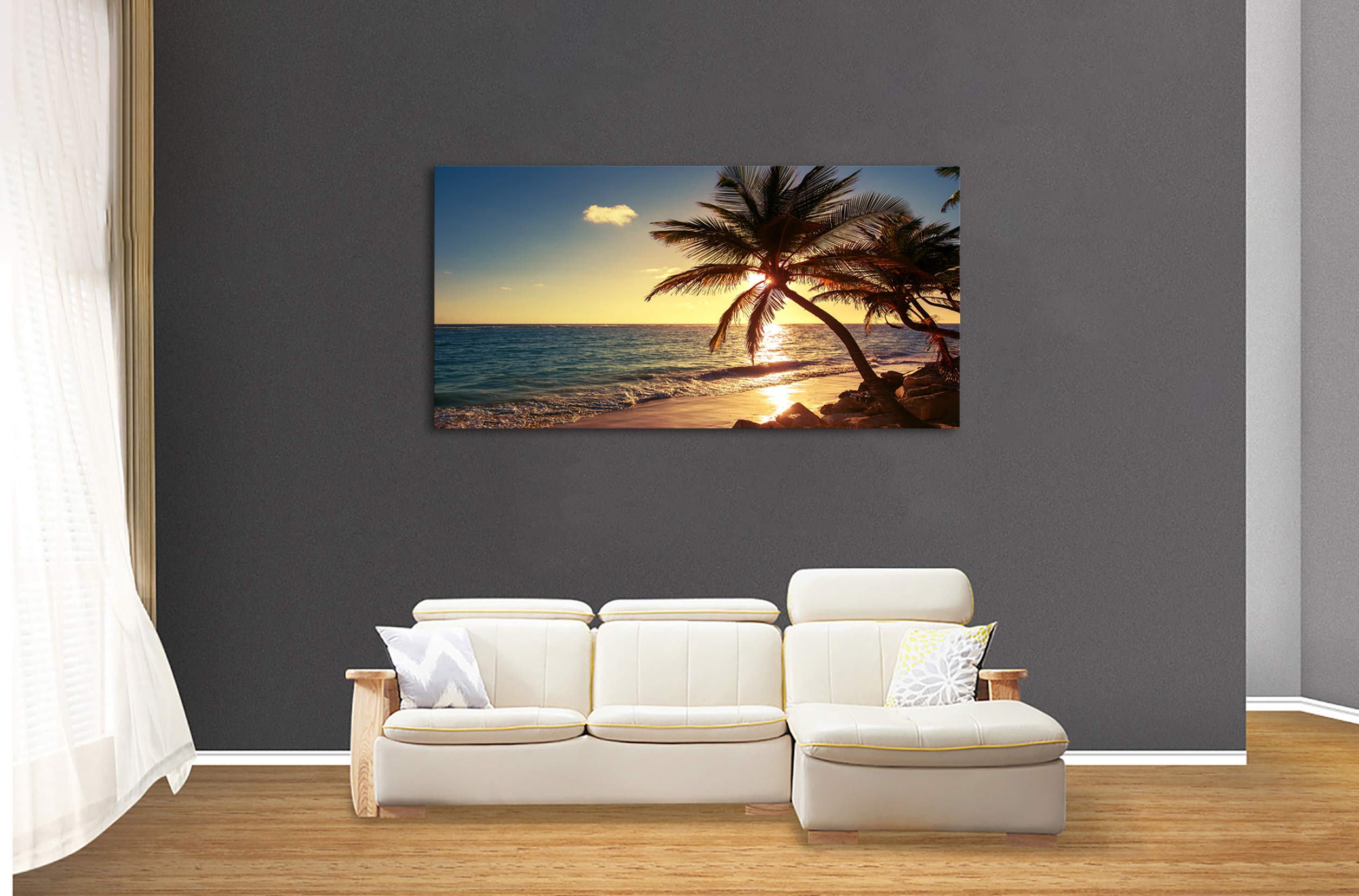 Muolunna S04975 Wall Art Decor Large Canvas Print Picture Sunset Ocean Beach Waves 1 Panel Coconut tree Scenery Painting Artwork for Office Home Decoration Stretched and Framed Ready to Hang XLarge