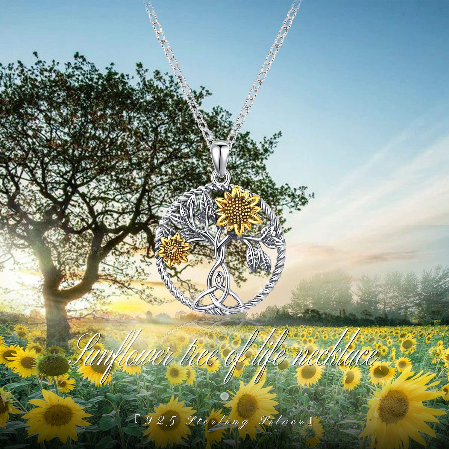 CHENGHONG Sunflower Necklace 925 Sterling Silver Sunshine Necklace Tree of Life Sunflower Pendant Sunflower Jewelry Gifts for Women