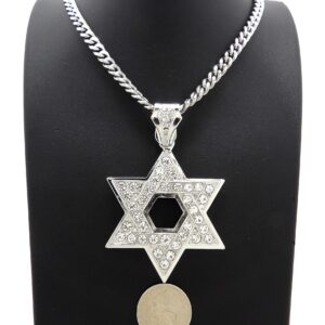 iJewelry2 Stainless Steel Silver Tone Crystals Open Star of David Charm Pendant Cuban Chain Necklace