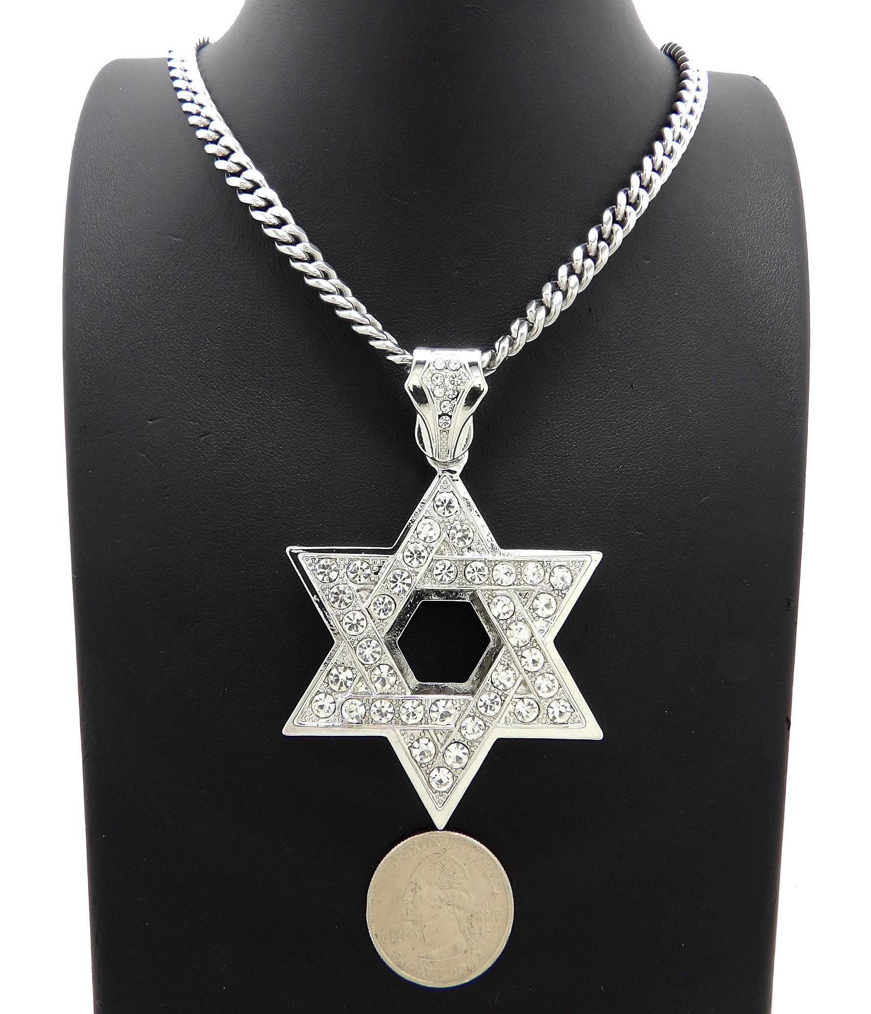 iJewelry2 Stainless Steel Silver Tone Crystals Open Star of David Charm Pendant Cuban Chain Necklace