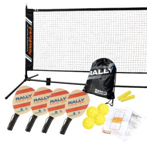 rally meister complete beginner pickleball set with portable pickleball net (net + 4 paddles + 4 pickleballs + drawstring bag + rules/strategy guide + line chalk)