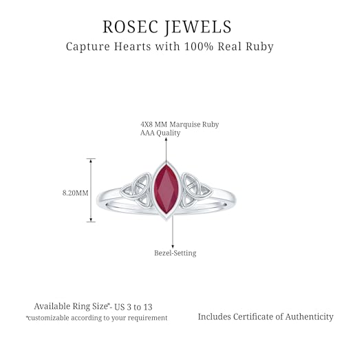 Rosec Jewels Natural 4X8mm Marquise Shape Ruby Promise Ring, AAA Quality, Certified Ruby Celtic Knot Ring - Ready to Gift, 14K White Gold, Size:US 4.00