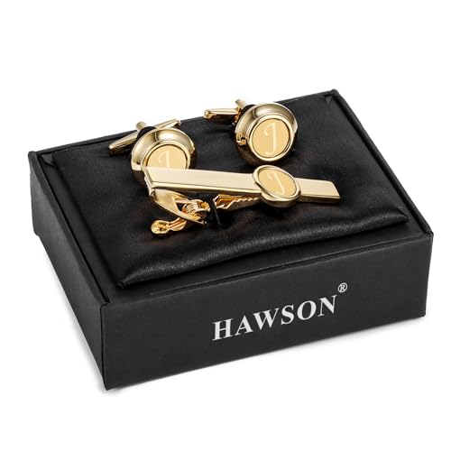 HAWSON 2 inch Tie Clips and Cufflinks Sets for Men A-Z Gold Engraved Letter Cufflinks and Tie Clips Sets for Formal Business Wedding - J