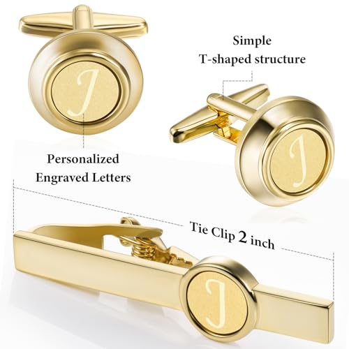 HAWSON 2 inch Tie Clips and Cufflinks Sets for Men A-Z Gold Engraved Letter Cufflinks and Tie Clips Sets for Formal Business Wedding - J