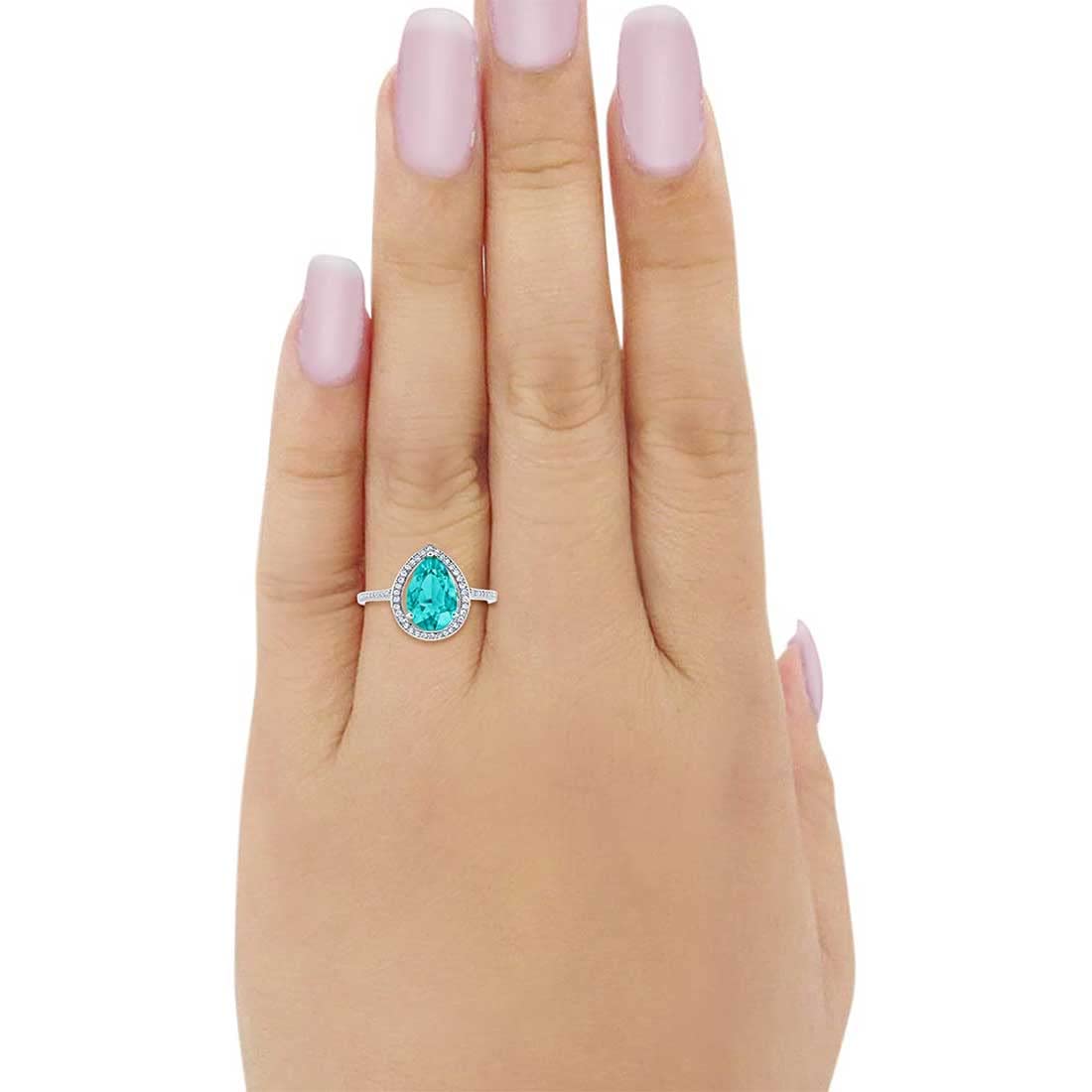 Blue Apple Co. Simulated Paraiba Tourmaline CZ Size-7 Halo Teardrop Pear Ring Round Simulated Cubic Zirconia 925 Sterling Silver