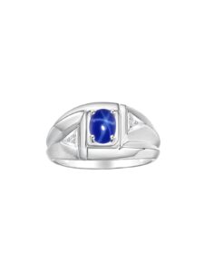 rylos sterling silver classic 6x4mm oval blue star gemstone & sparkling diamond ring - birthstone jewelry for men -size 12