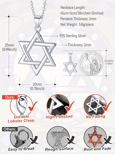 FaithHeart Sterling Silver Star of David Pendant Necklace Women Silver Religious Jewish Jewelry Charms Hexagram Pendant Necklace