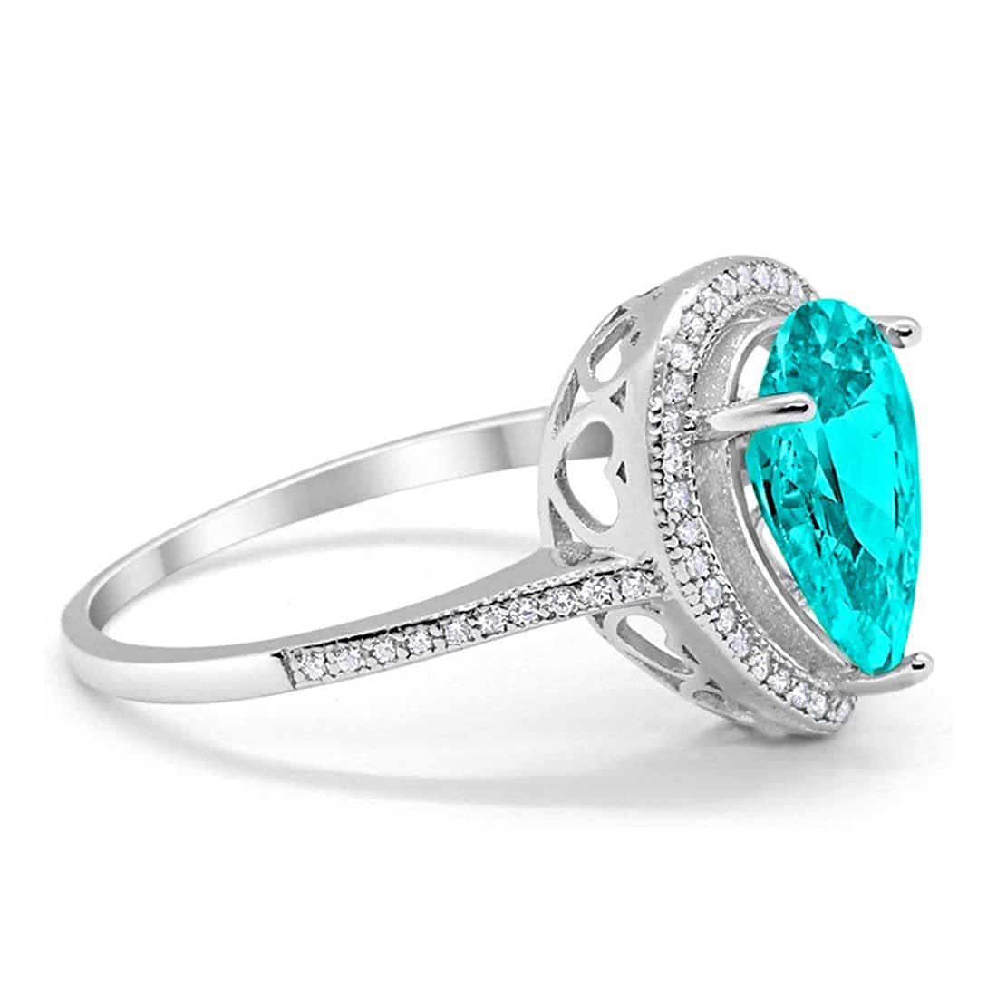 Blue Apple Co. Simulated Paraiba Tourmaline CZ Size-7 Halo Teardrop Pear Ring Round Simulated Cubic Zirconia 925 Sterling Silver