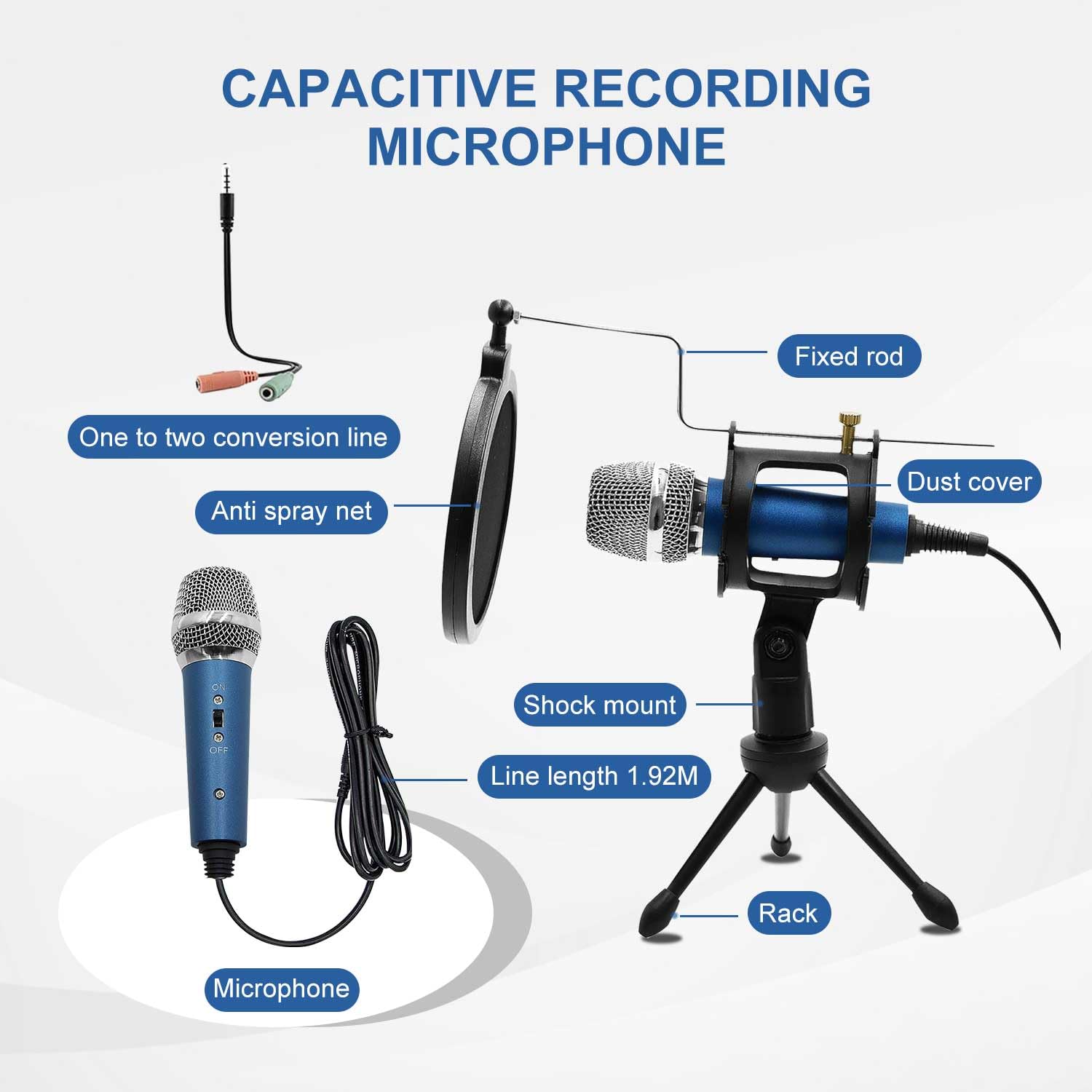 LOOYUAN Blue Condenser Recording Microphone 3.5mm Plug and Play PC Microphone, Broadcast Microphone for Computer Desktop Laptop MAC Windows Online Chatting Podcast Skype YouTube Game（Blue