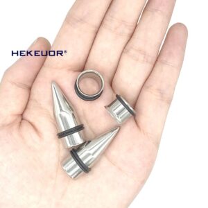 HEKEUOR 1/2" Stainless Steel Ear Gauge Taper Stretching and Single Flare Plugs Flesh Tunnel Kit with O-ring 2 Pairs (Silver)