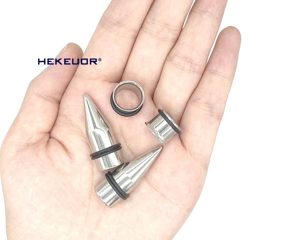 HEKEUOR 1/2" Stainless Steel Ear Gauge Taper Stretching and Single Flare Plugs Flesh Tunnel Kit with O-ring 2 Pairs (Silver)