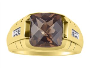 rylos 12mm cushion shape checker top smoky quartz color stone & diamonds set in yellow gold plated silver size 9