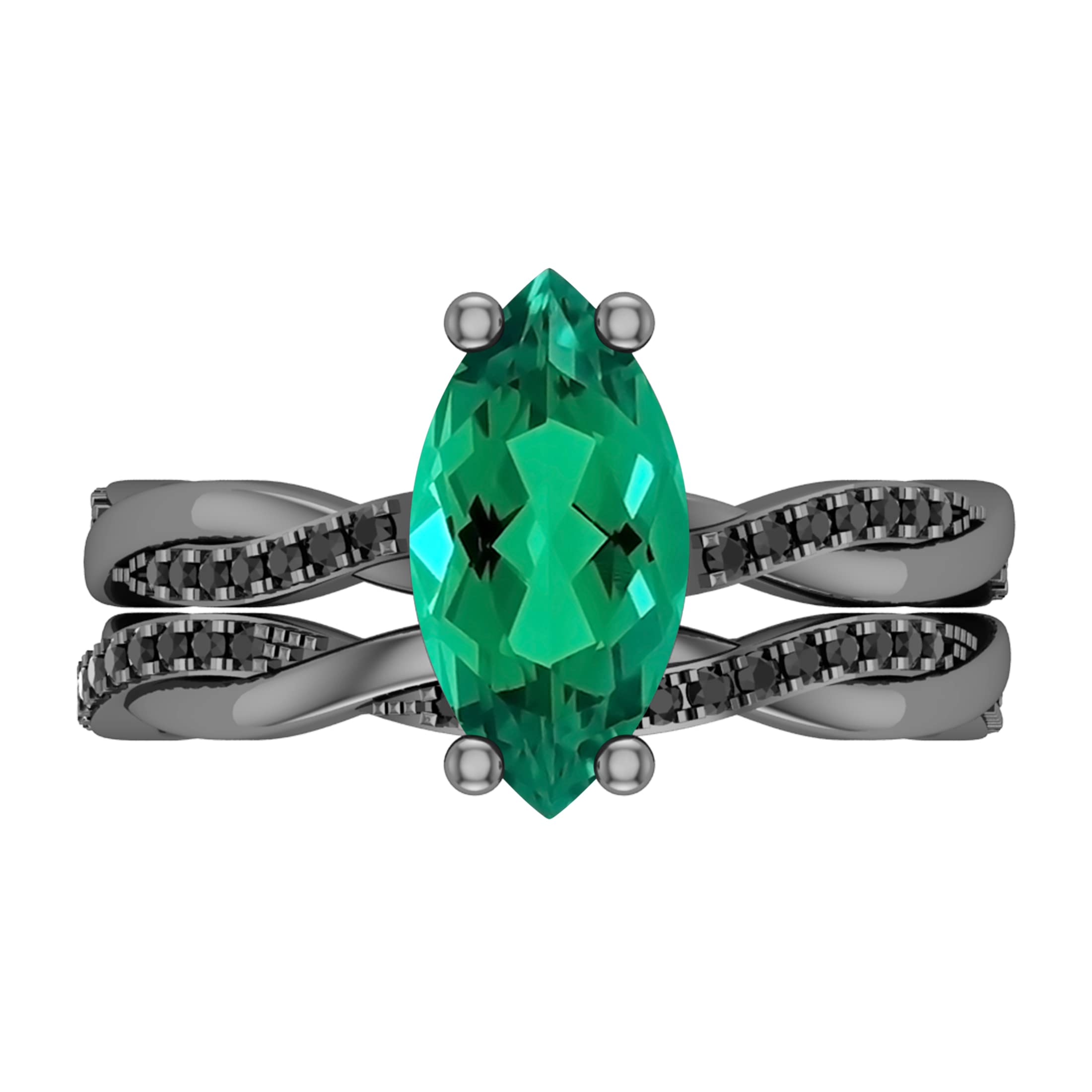 Dazzlingrock Collection 12X6 mm Lab Created Marquise Emerald & Round Black Diamond Bridal Ring Set in Black Plated 10K White Gold, Size 8.5