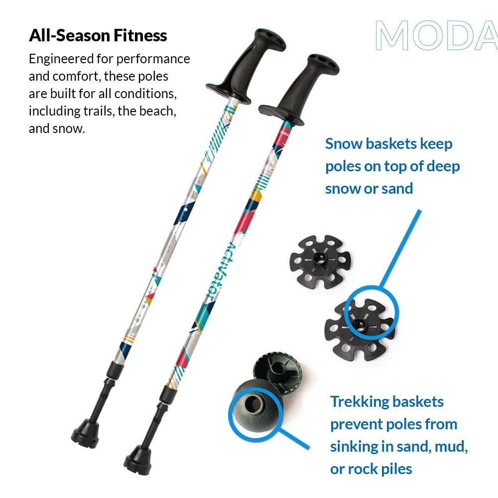 Urban Poling ACTIVATOR® MODA with Snow & Trekking Baskets, Silver with Blue, Green, & Yellow, 1 Pair – For Users 4'2"–6' – Lightweight, Aluminum Nordic Walking Sticks – Collapsible & Adjustable Hiking