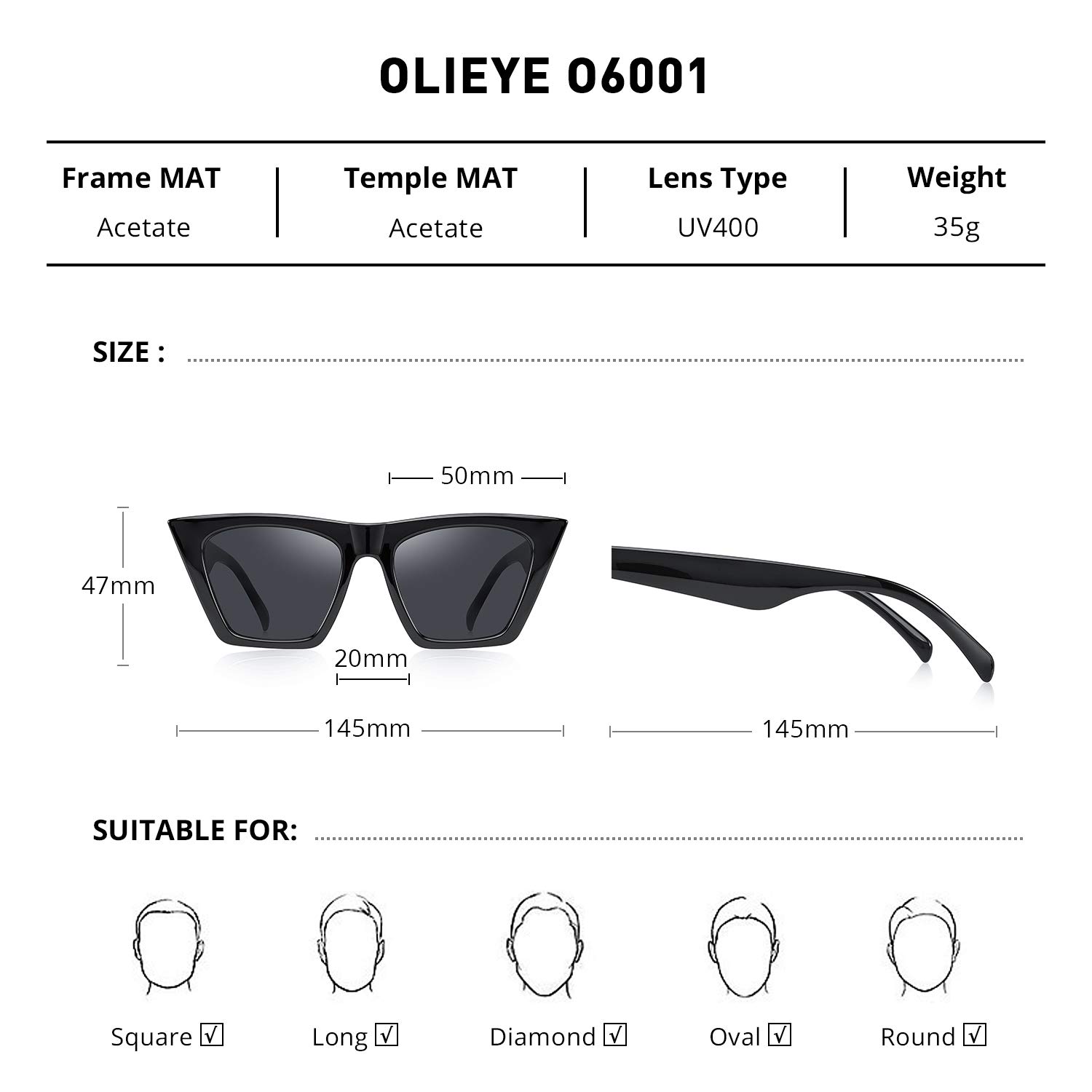 OLIEYE Vintage Square Cat Eye Sunglasses Women Fashion Small Cateye Sunglasses (Black, 50)