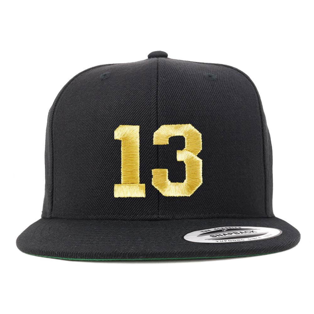 Trendy Apparel Shop Number 13 Gold Thread Flat Bill Snapback Baseball Cap - Black