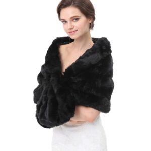 XMLMRY Faux Fur Shawl Women's Wrap Stole Shrug Luxury Winter Wedding Evening Party Bridal Bridesmaid Cover Up (Black, Standard)