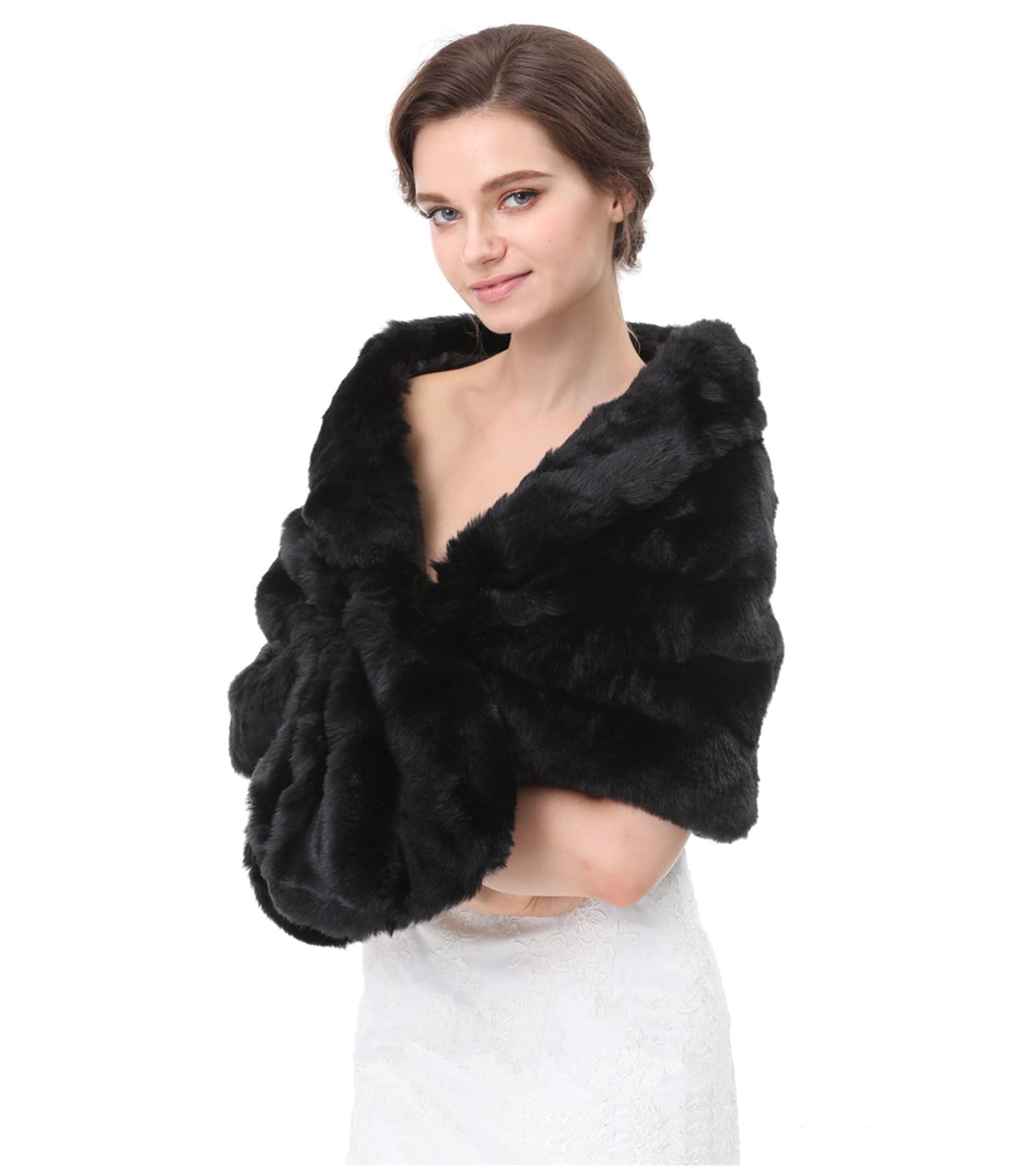 XMLMRY Faux Fur Shawl Women's Wrap Stole Shrug Luxury Winter Wedding Evening Party Bridal Bridesmaid Cover Up (Black, Standard)