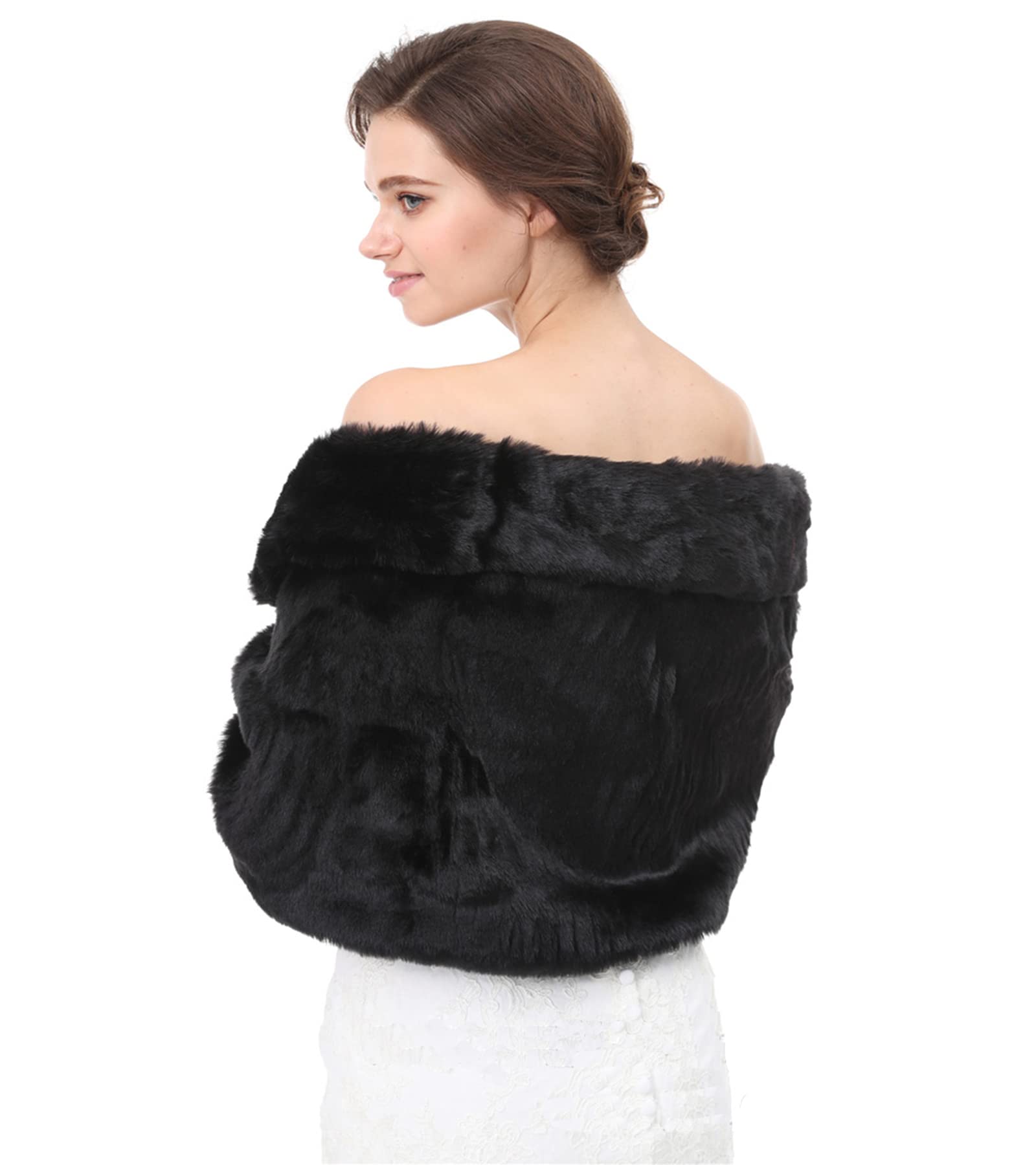 XMLMRY Faux Fur Shawl Women's Wrap Stole Shrug Luxury Winter Wedding Evening Party Bridal Bridesmaid Cover Up (Black, Standard)