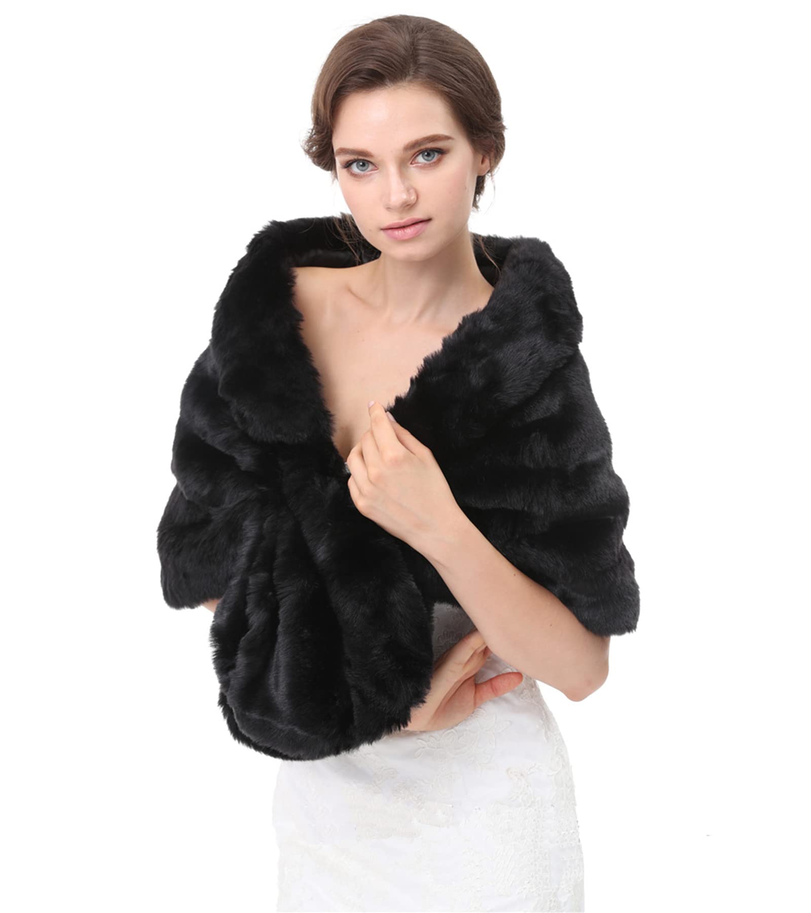 XMLMRY Faux Fur Shawl Women's Wrap Stole Shrug Luxury Winter Wedding Evening Party Bridal Bridesmaid Cover Up (Black, Standard)