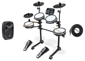 lyxjam 7-piece electronic drum kit, drum set with real mesh fabric, 209 preloaded sounds, 50 play-along songs, cymbals & kick pedal, drum sticks with spa8 active speaker & 15 ft qtr to qtr cable