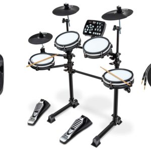 LyxJam 7-Piece Electronic Drum Kit, Drum Set with Real Mesh Fabric, 209 Preloaded Sounds, 50 Play-Along Songs, Cymbals & Kick Pedal, Drum Sticks With SPA8 Active Speaker & 15 FT Qtr to Qtr Cable