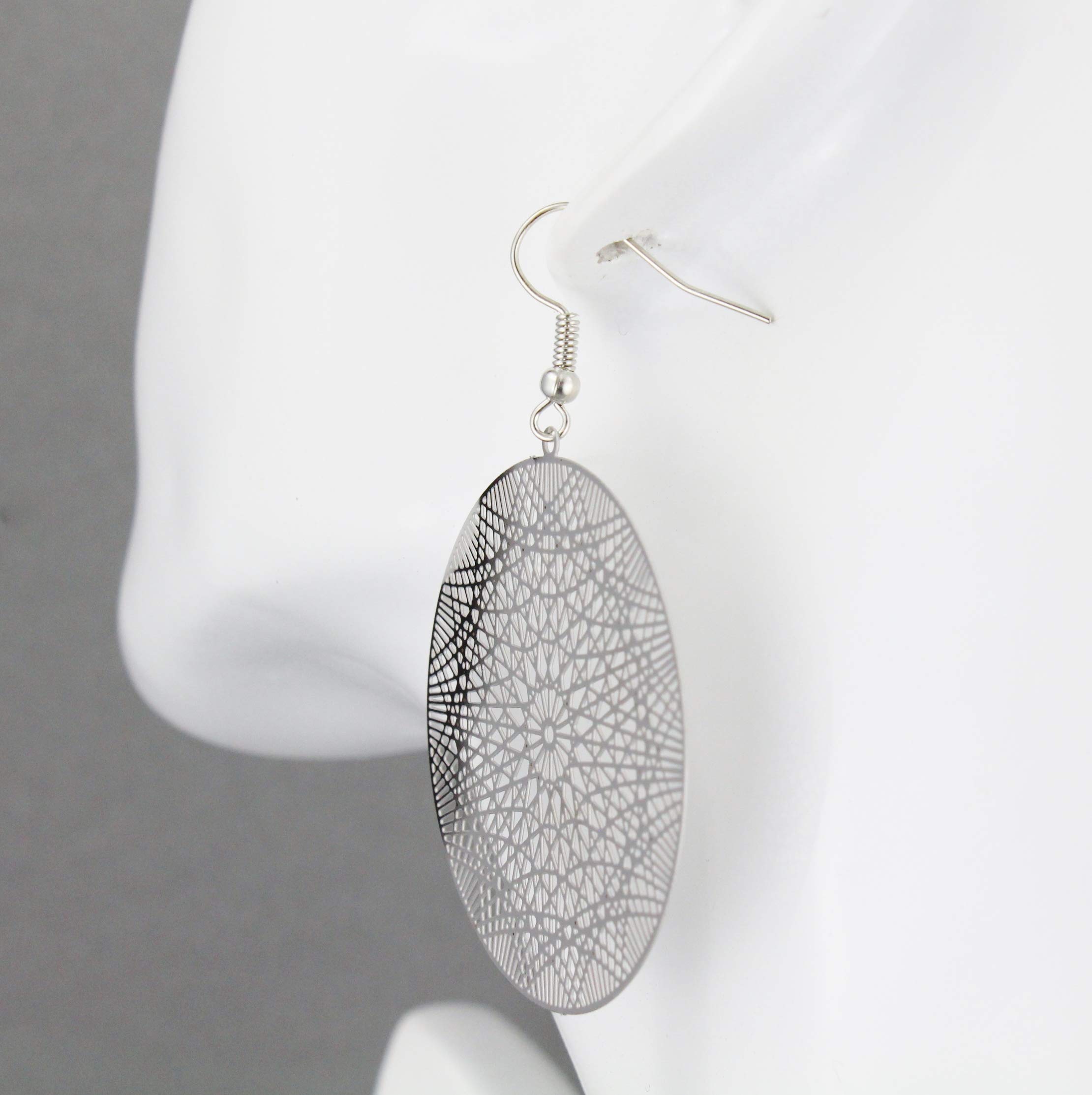 Silver filigree round disc earrings medallion 1 5/8 inches wide very lightweight circle cut out lace pattern