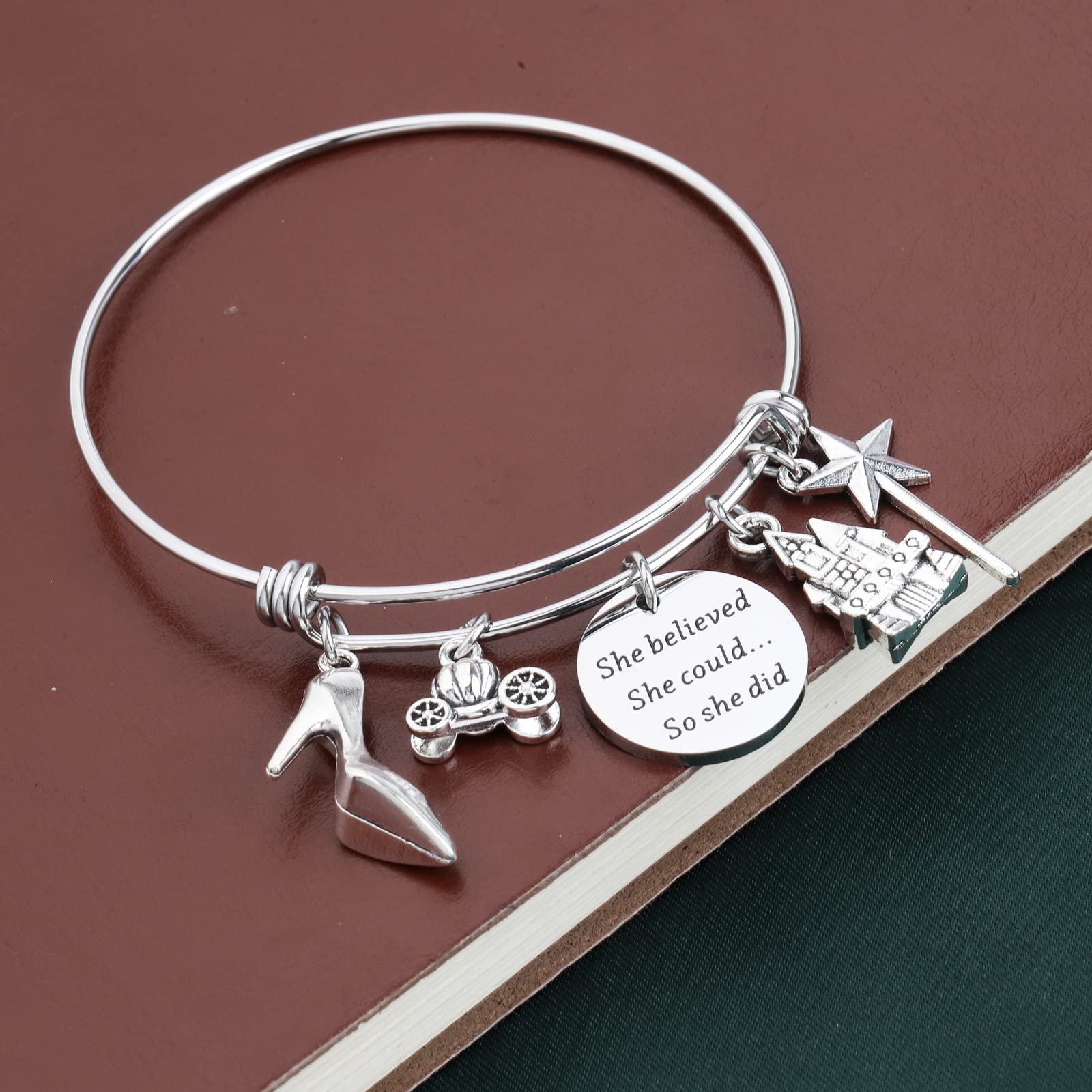 PLITI She Believed She Could So She Did Inspired Gift Fairy Tale Fans Gift Princess Stainless Steel Adjustable Bracelet Gift Friend Jewelry (She believed Cind bg)